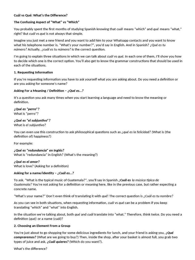 Cuál vs Qué | PDF | Languages | Foreign Language Studies