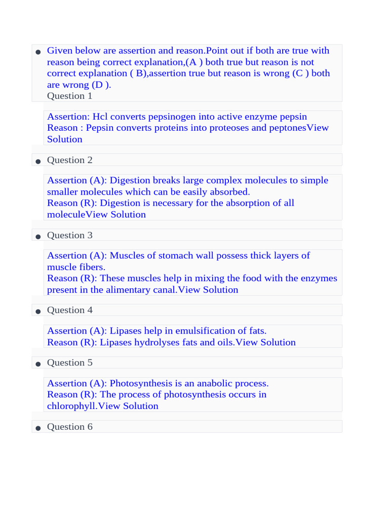 Life Process Assertion and Reasoning Question | PDF | Cellular Respiration | Digestion