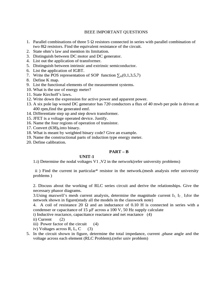 BEEE Important Questions-1 | PDF | Series And Parallel Circuits ...