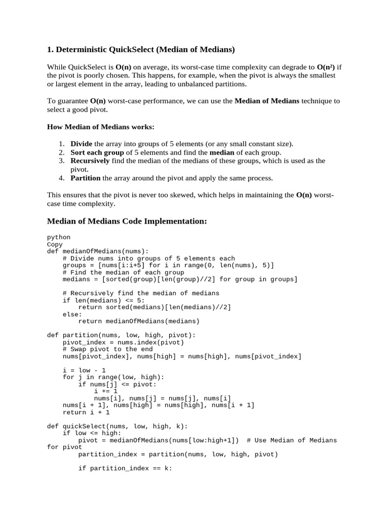 Deterministic QuickSelect (Median of Medians) | PDF | Algorithms And ...