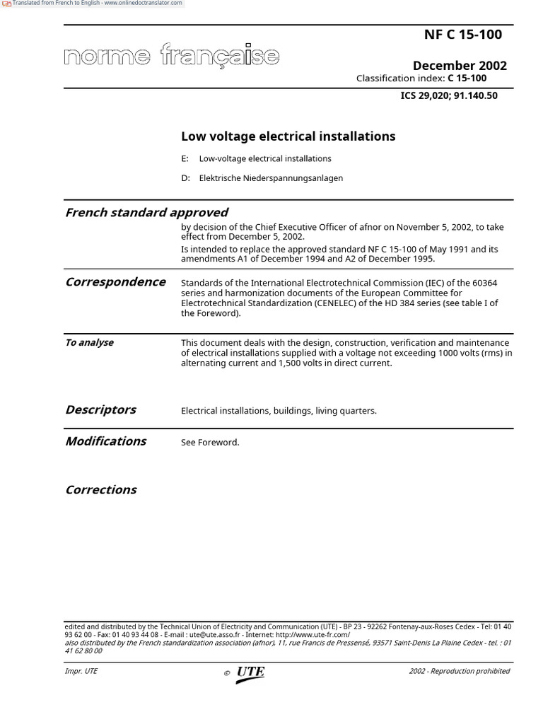 NF C 15-100 Electrical Standard Overview | PDF | International ...
