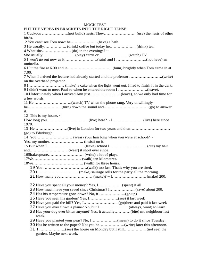 Mock Test Tenses Grade 9 | PDF