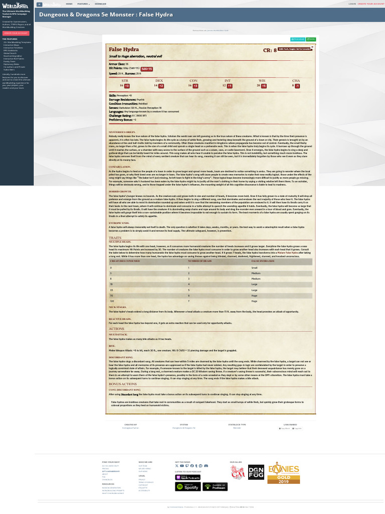 False Hydra - Monster - Dungeons & Dragons 5e - Statblocks & Sheets ...