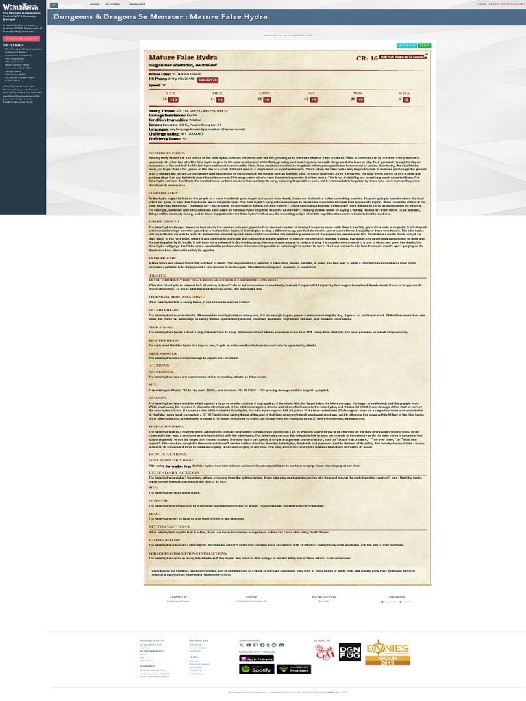 Mature False Hydra Stat Block 5e | PDF