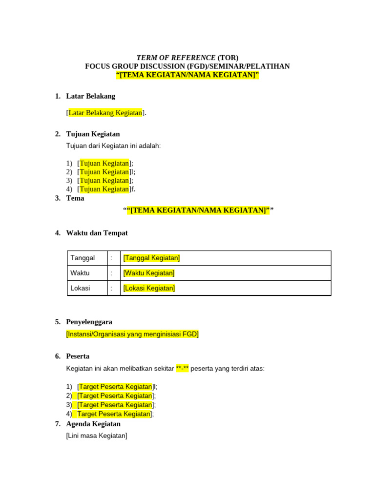 TOR FGD/Seminar/Pelatihan | PDF