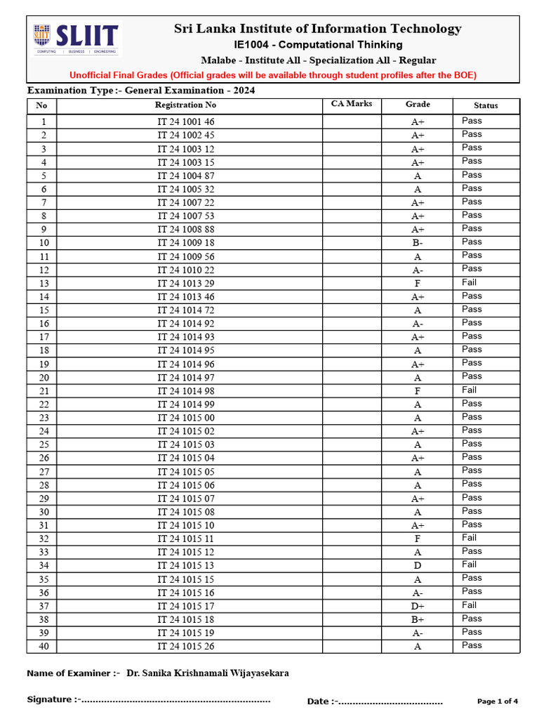 Provisional Mark Sheet CT IE1004 | PDF