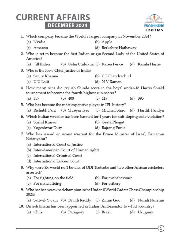 December 2024 Current Affairs Quiz | PDF
