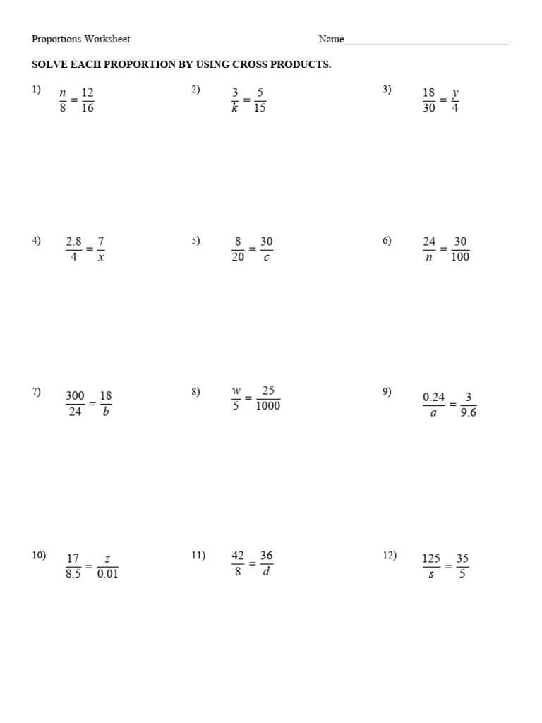 Solve Each Proportion by Using Cross Products.: Proportions Worksheet ...