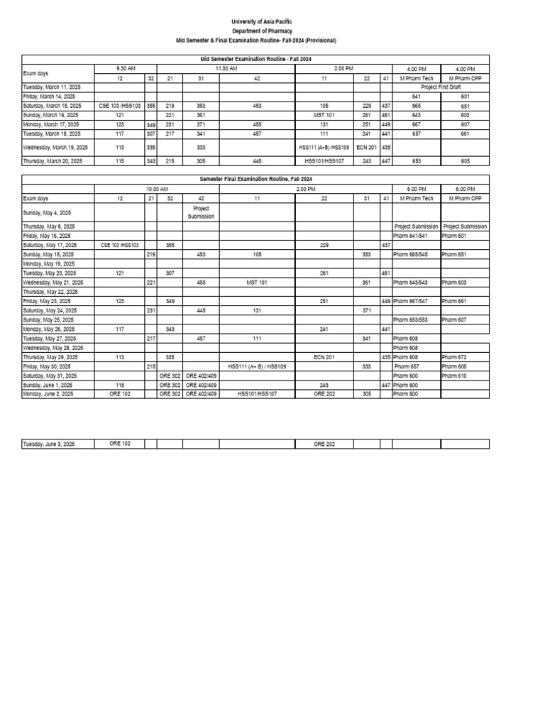 Fall 2024 Exam Schedule for Pharmacy | PDF | Academic Term