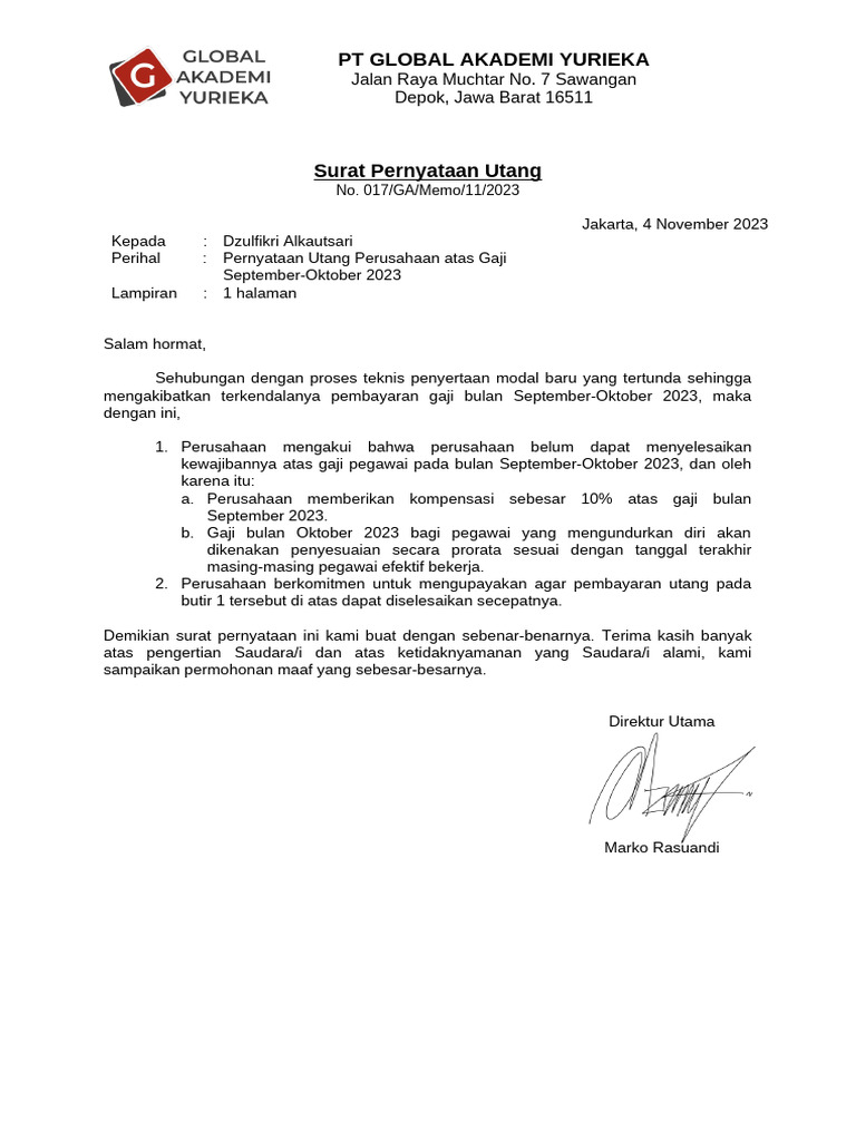 Contoh Surat Pernyataan Utang | PDF