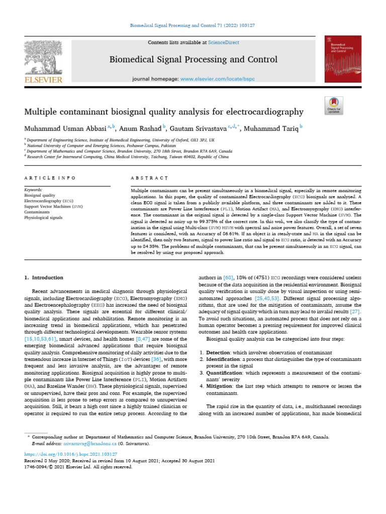 Multiple Contaminant Biosignal Quality Analysis For Electrocardiography | PDF ...