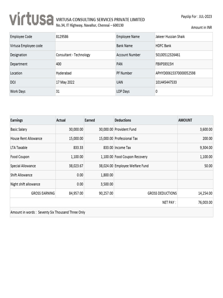 Virtusa Payslip July 2023 | PDF