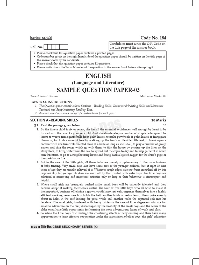 CBSE English Sample Question Paper | PDF | South India | Argument