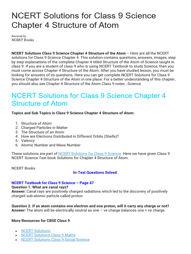 Class 9 Structure oif Atom extra questions with answers Pratyamshu ...