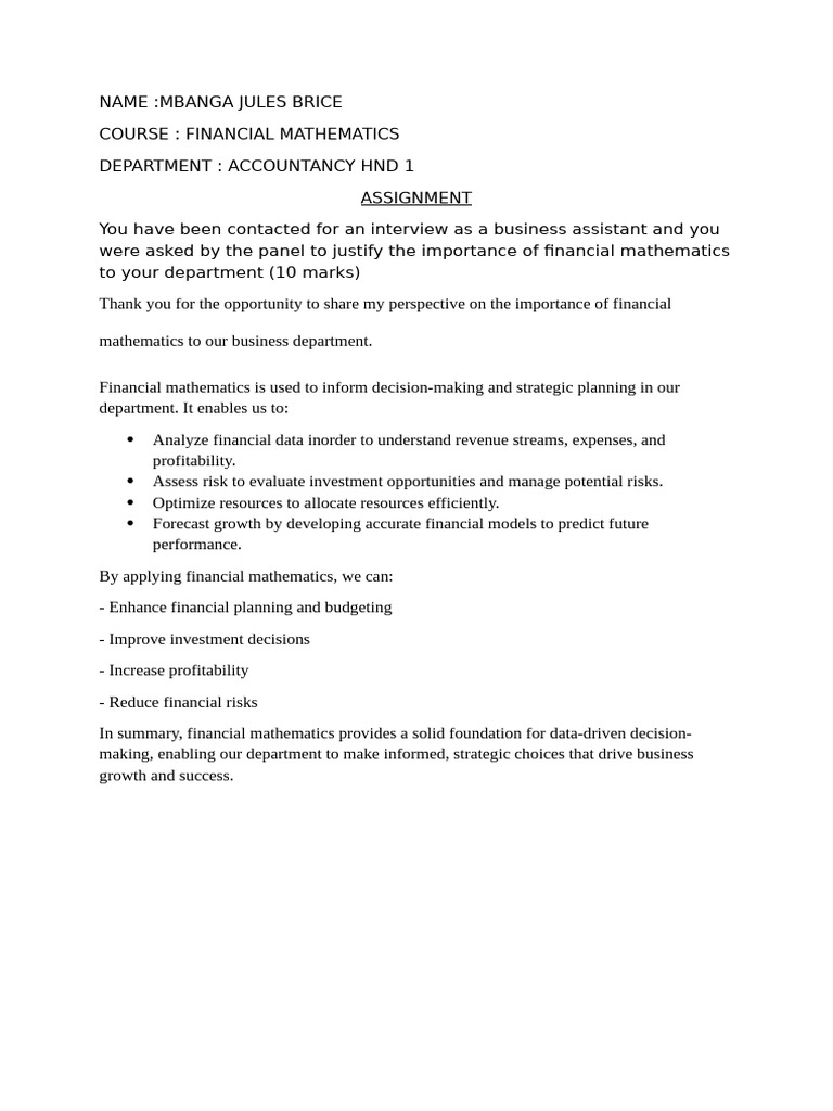 Importance of Financial Mathematics in Business | PDF