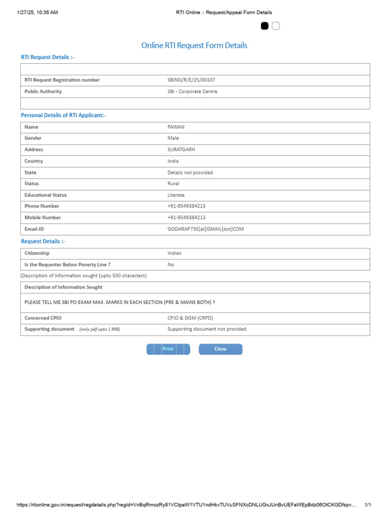 RTI Online - Request - Appeal Form Details | PDF
