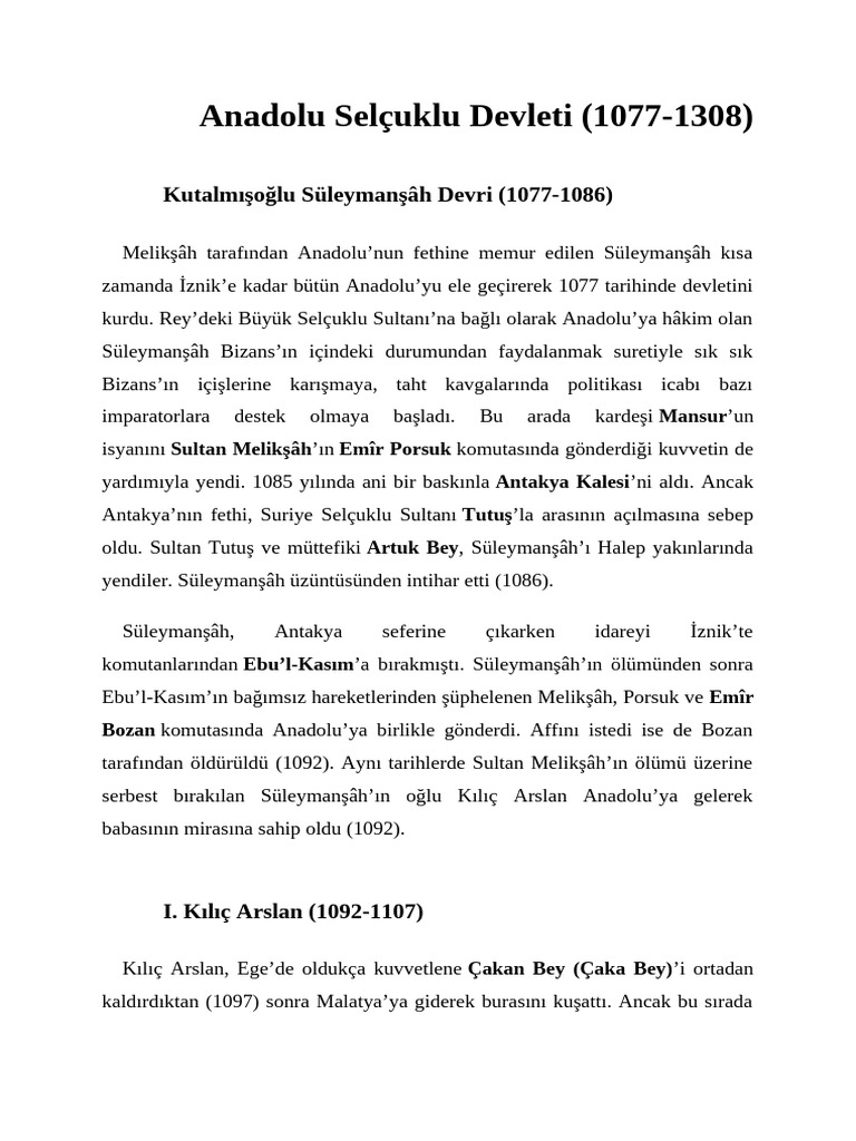 Anadolu Selçuklu Devleti (1077-1308) | PDF