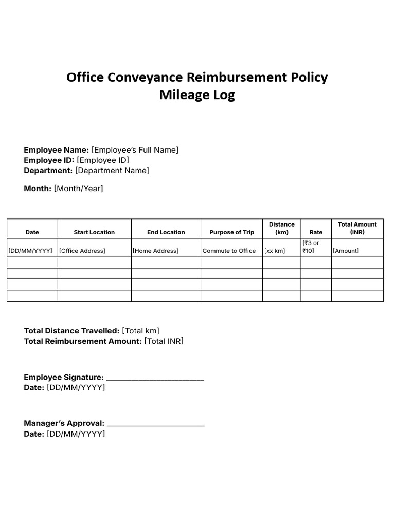 Office Conveyance Reimbursement Mileage Log | PDF