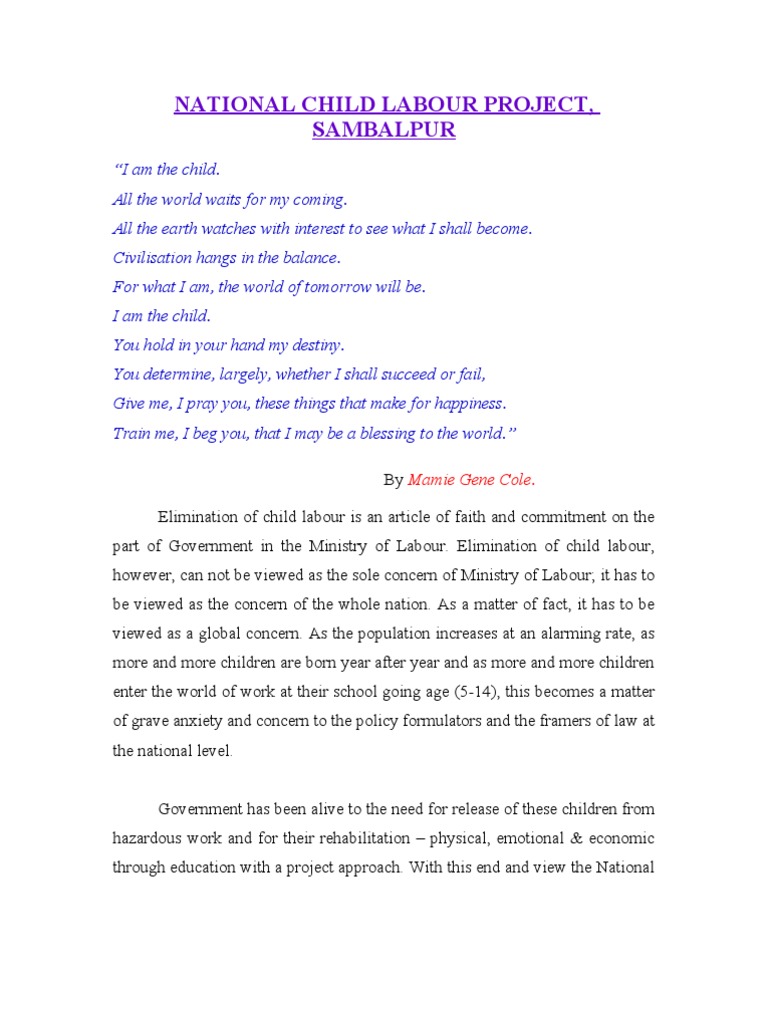 National Child Labour Project, Sambalpur: Mamie Gene Cole | PDF | Child ...