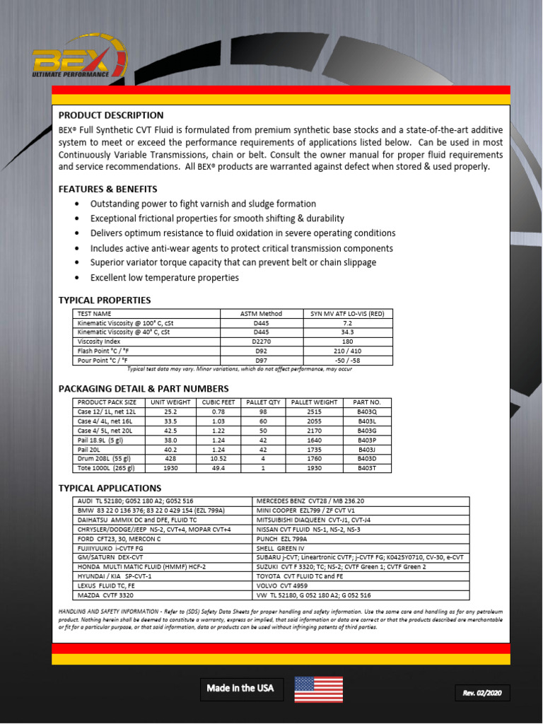 BEX-ATF-Syn-CVT | PDF | Viscosity | Motor Vehicle