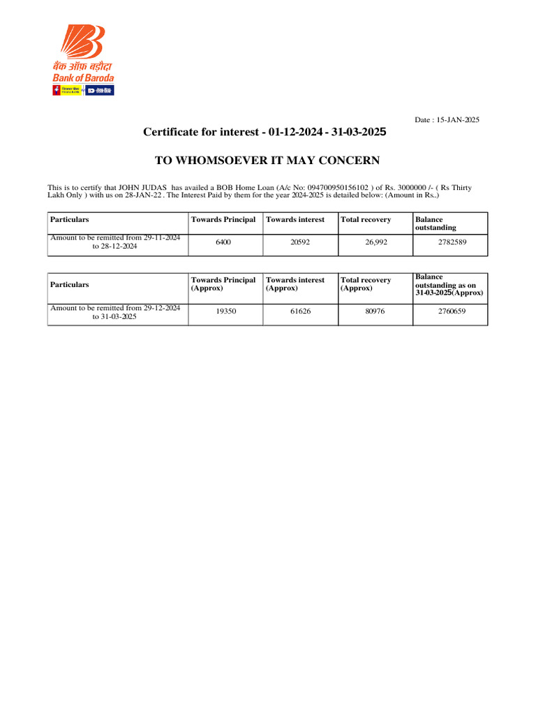 Home Loan Interest Certificate | PDF