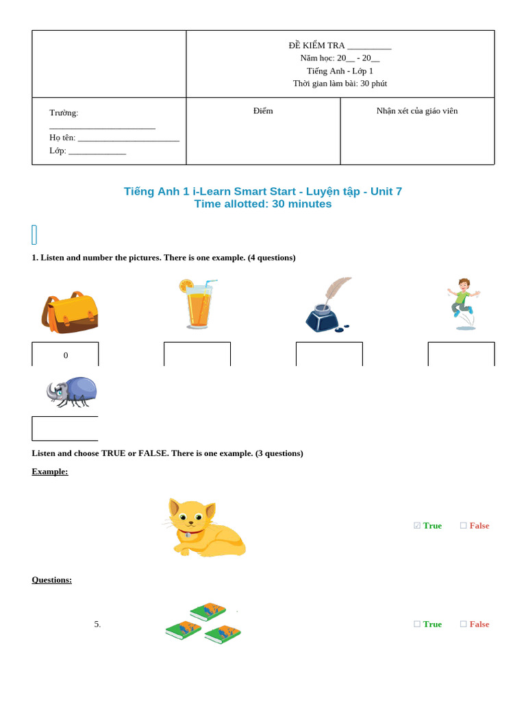 Tiếng Anh 1 i-Learn Smart Start - Luyện tập - Unit 7 - 2 | PDF