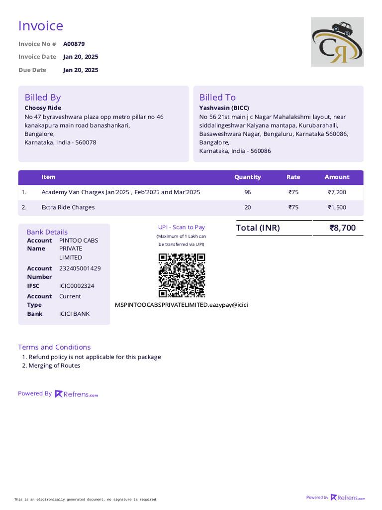 Invoice A00879 Choosy Ride Yashvasin Bicc | PDF