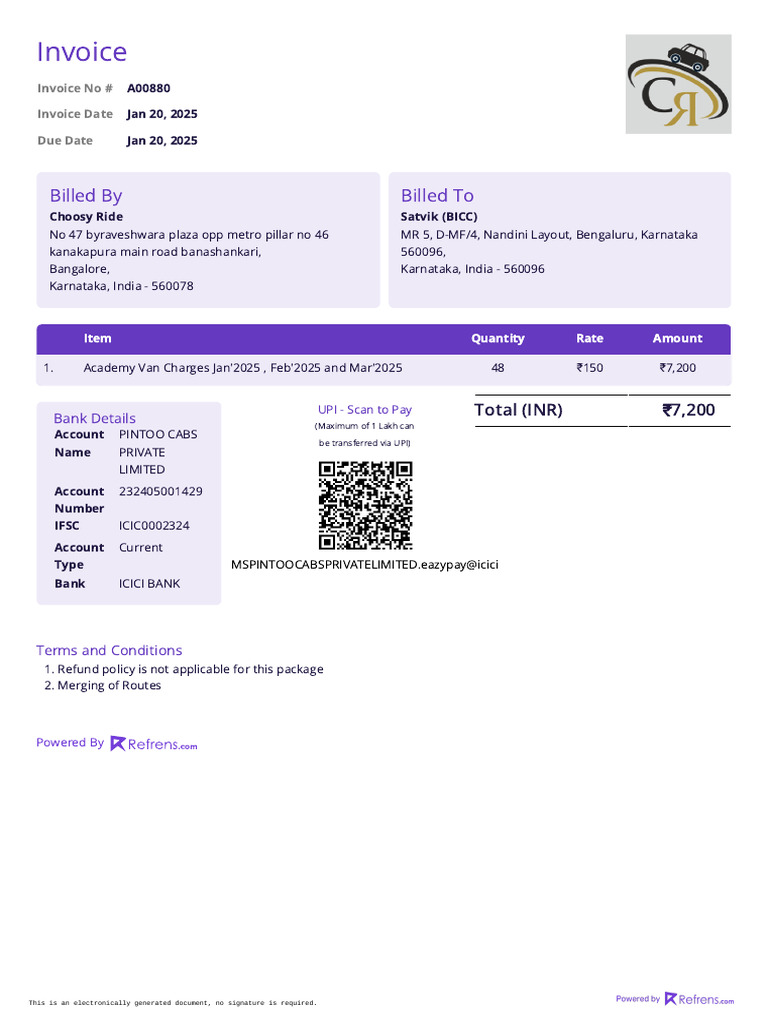 Invoice for Academy Van Charges Jan-Mar 2025 | PDF