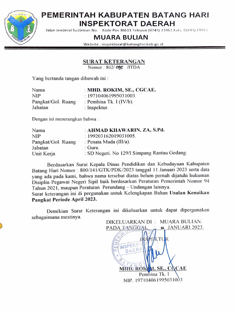Surat Keterangan Dari Inspektorat | PDF