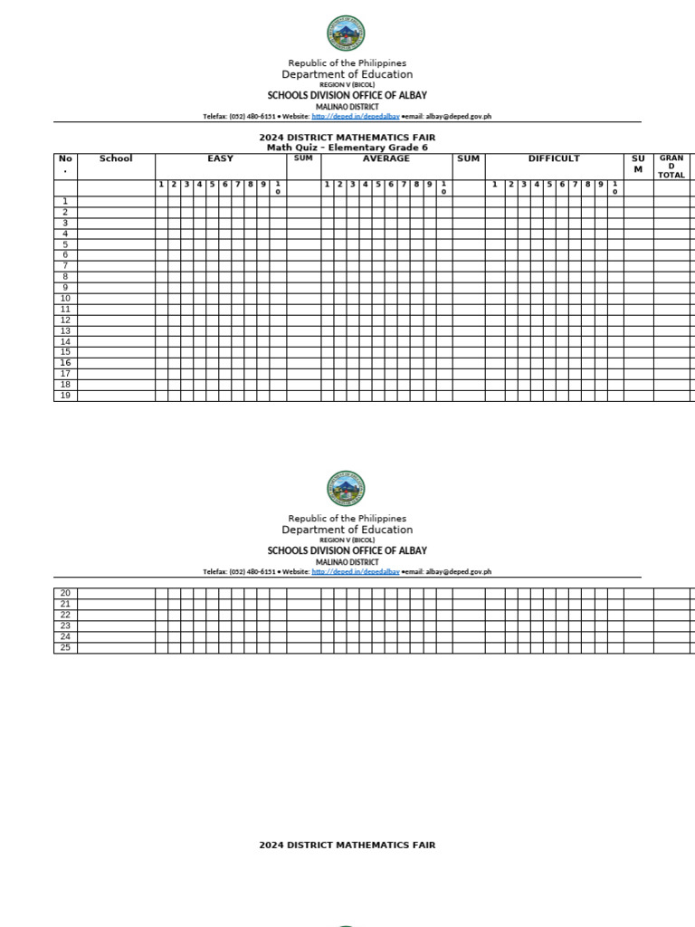 Math Quiz Tabulation Sheet | PDF | Mathematics