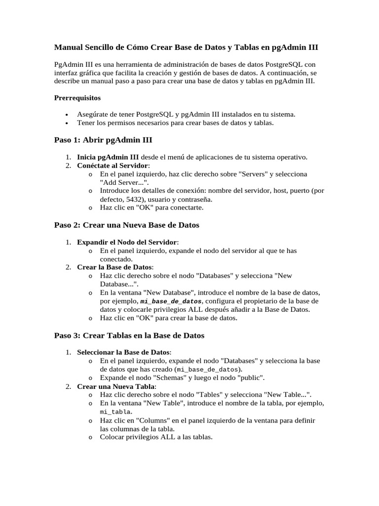 Guía para Crear BD y Tablas en pgAdmin III | PDF | Bases de datos | Postgre Sql