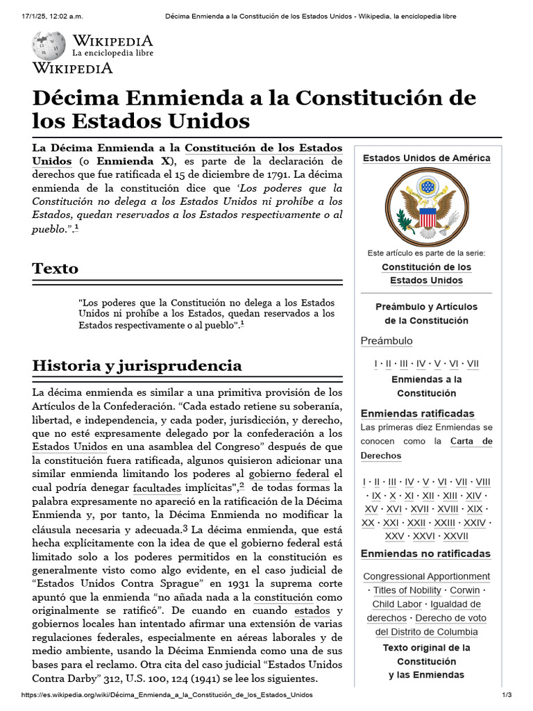 Décima Enmienda A La Constitución de Los Estados Unidos - Wikipedia, La ...
