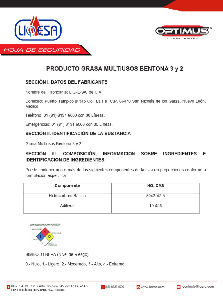 OPTIMUS Grasa Multiusos B.A.T - 3 y 2 - Hoja de Seguridad M | PDF | Guante | Agua