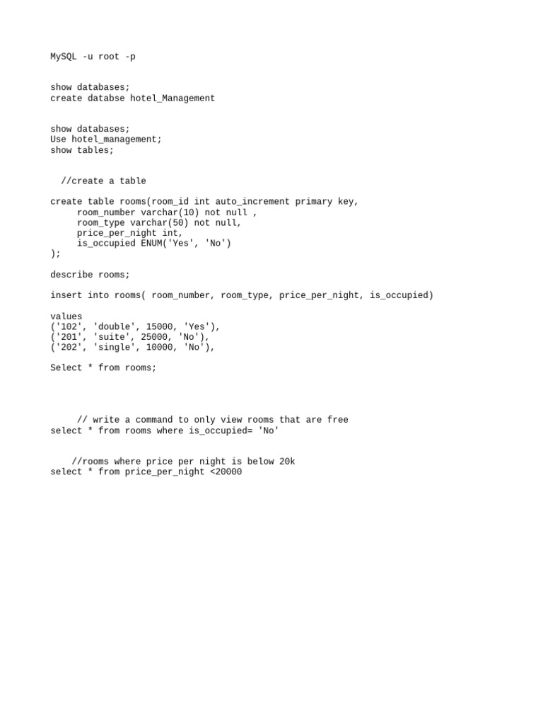 MySQL Hotel Management Database Setup | PDF