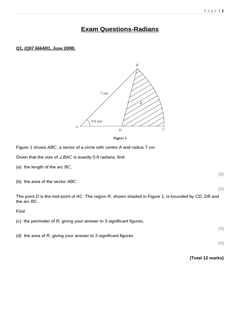 Exam Questions on Radians and Areas | PDF | Area | Circle