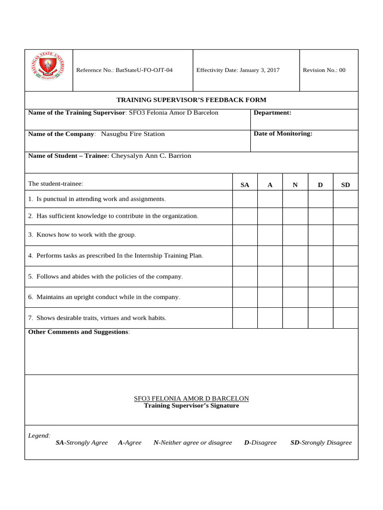 Training Supervisors Feedback Form 1 | PDF