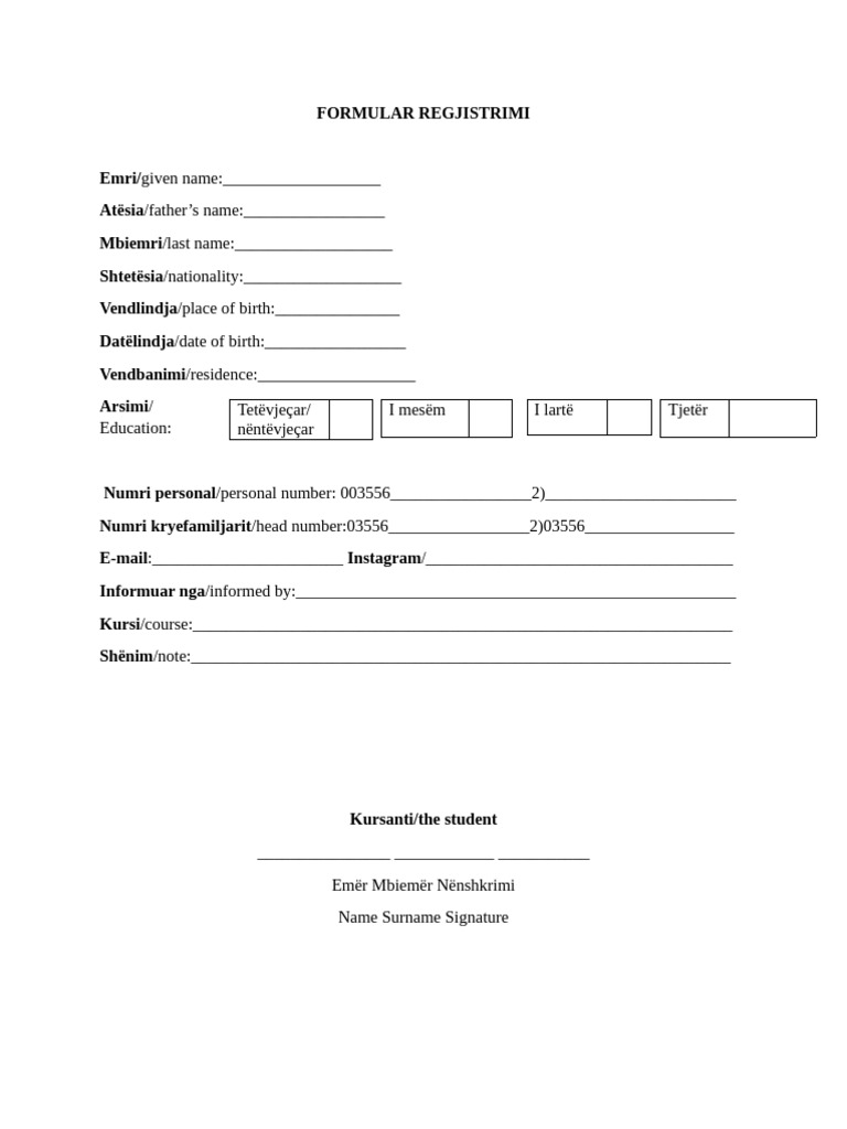 Formular Regjistrimi | PDF
