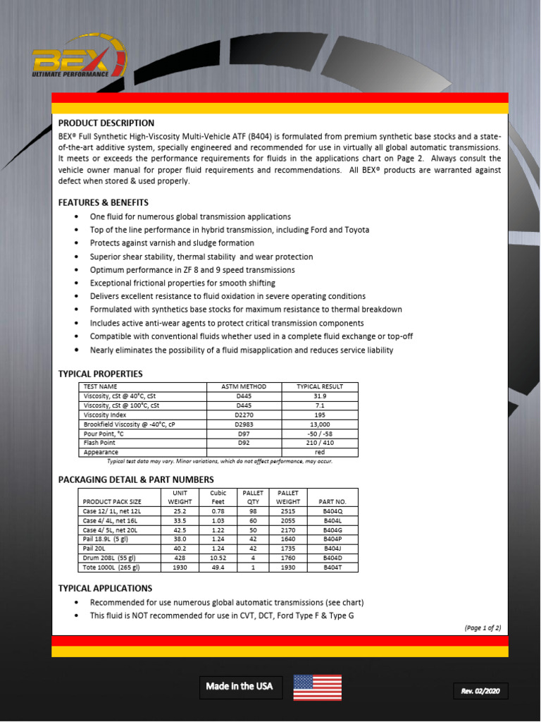TDS 2020 ATF Syn MV Hi Vis B404 | PDF | Viscosity | Automatic Transmission