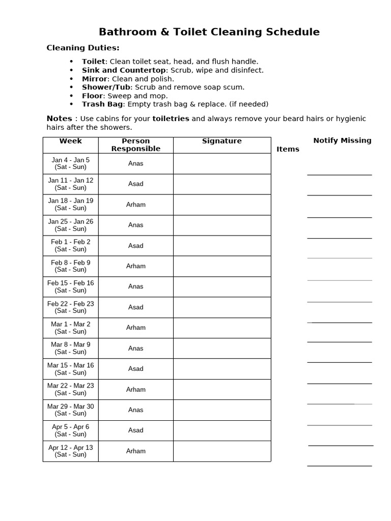 Bathroom Cleaning Schedule | PDF