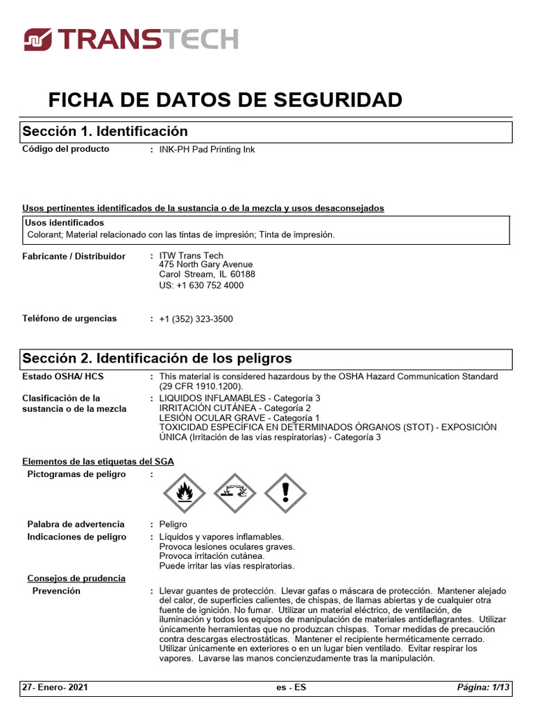 Ink-Ph SDS Es 2021-01-27 | PDF | Solvente | Gasolina