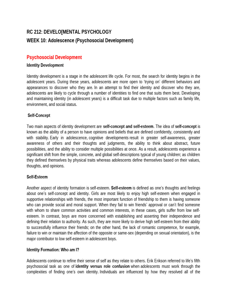 Dev Psych Rc-212-Week-10-Lesson-Proper | PDF | Adolescence | Identity (Social Science)