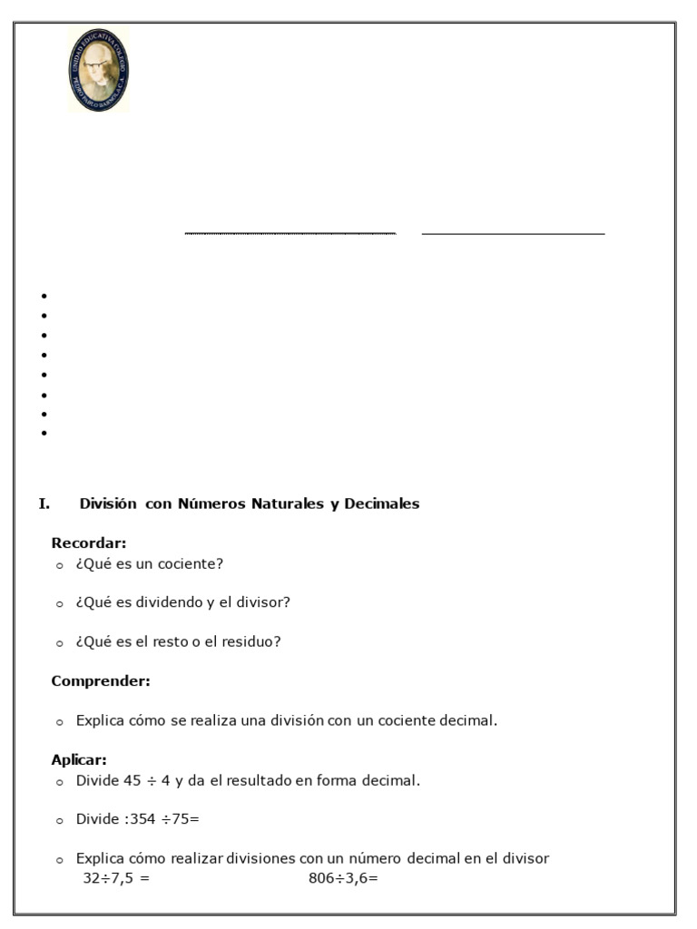 Guía Matemática 5to Grado: Operaciones y Conceptos | PDF | División (Matemáticas) | Notación ...