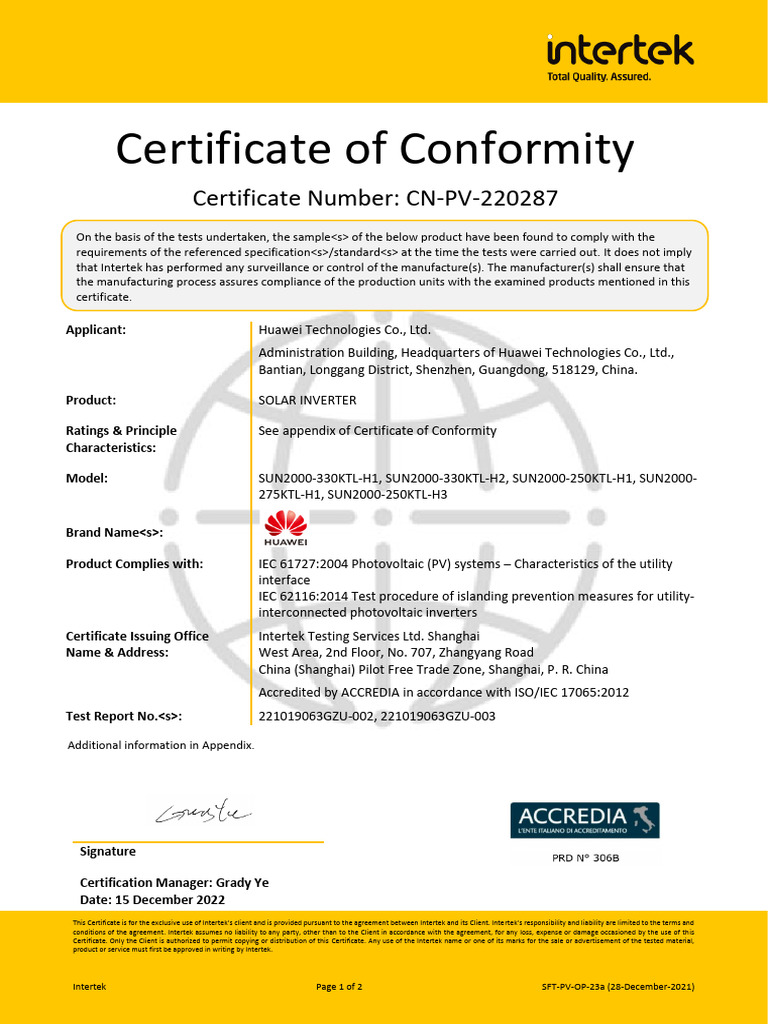 Intertek Certificate for Huawei Solar Inverters | PDF | Electronics ...