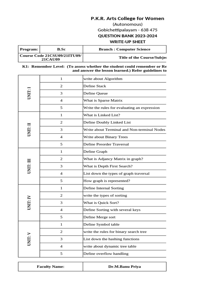 Data Structures Question Bank 2023-24 | PDF | Theoretical Computer ...