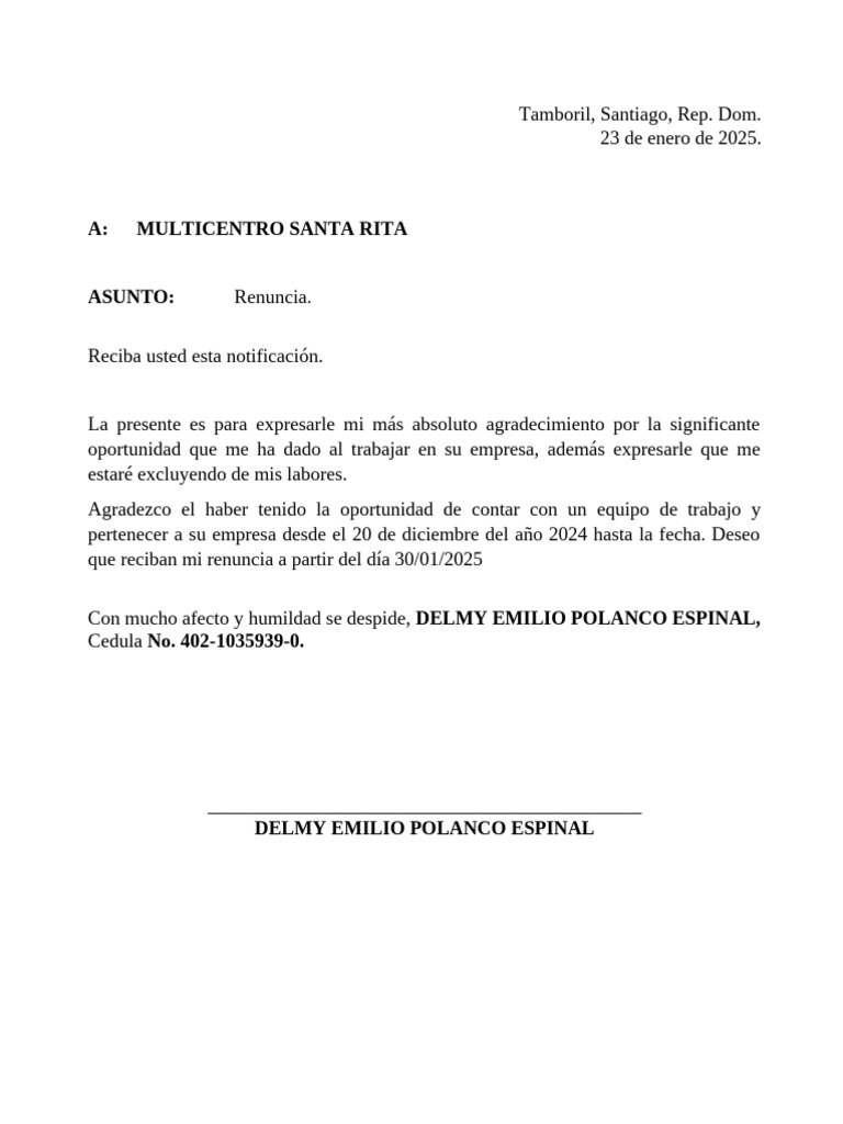 Carta de Renuncia Multicentro Santa Rita Delmy Emilio Polanco Espinal | PDF