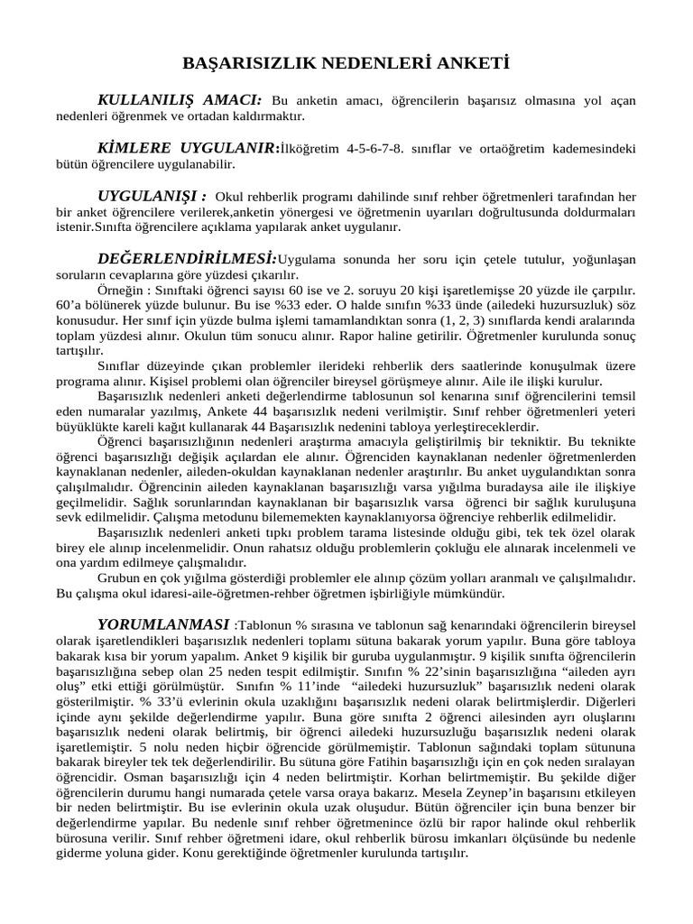 Basarisizlik Nedenleri Anketi Hepsi | PDF