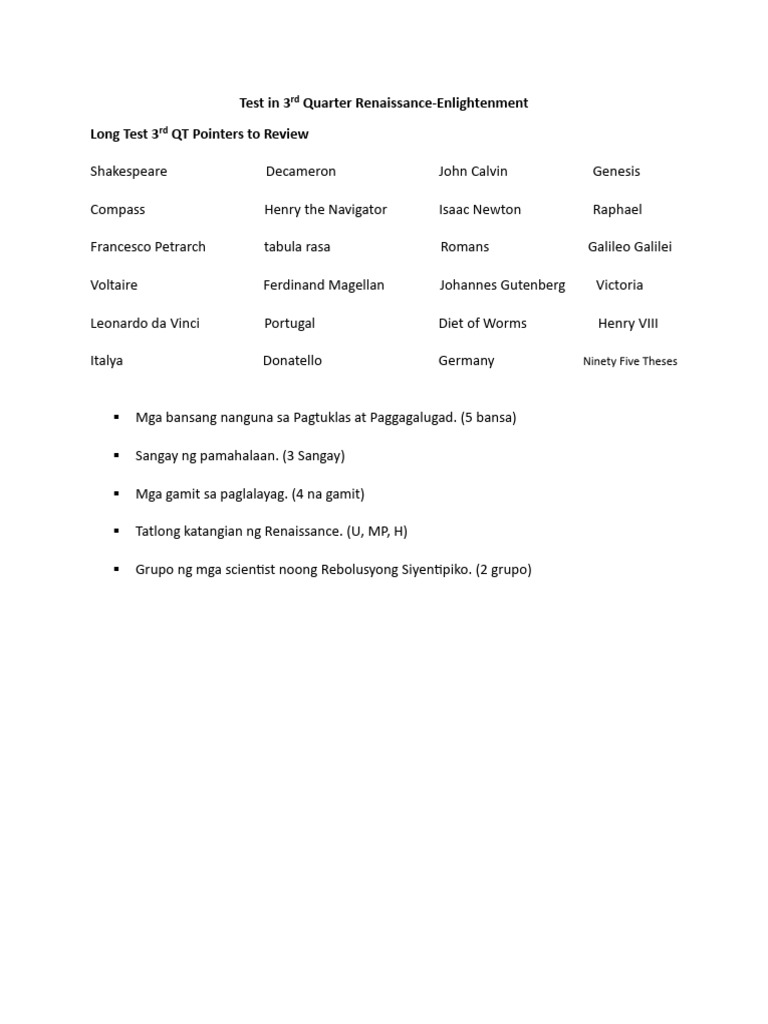 Long Test Renaissance Enlightenment Pointers to Review | PDF