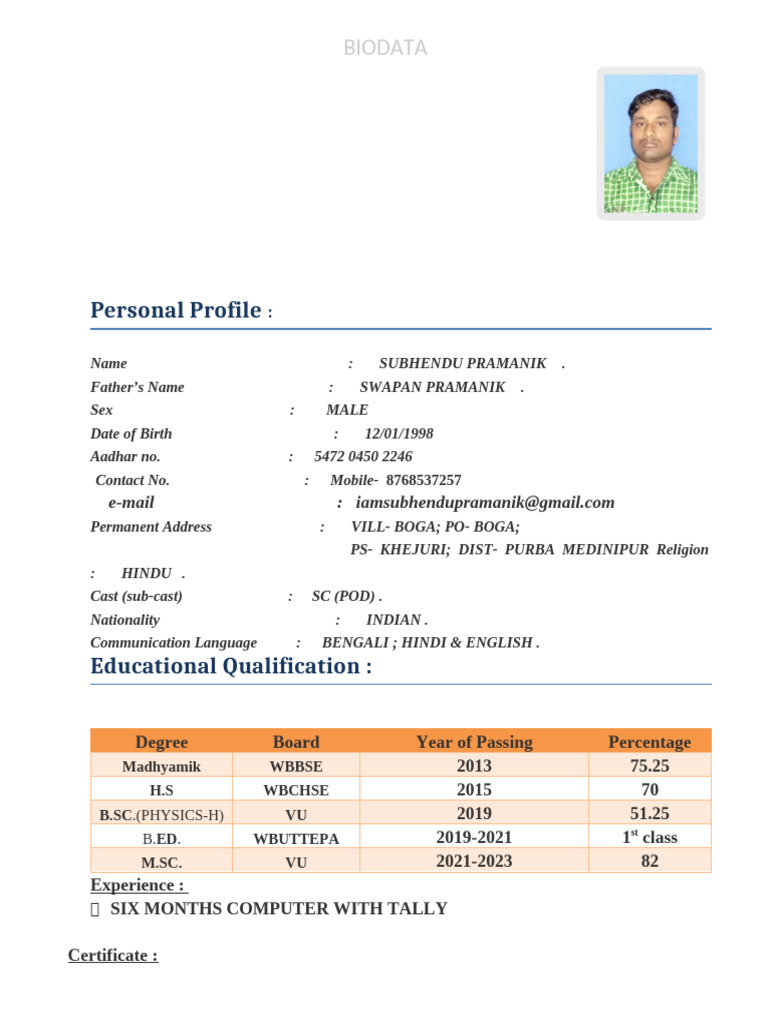 Subhendu Pramanik's Personal Profile | PDF