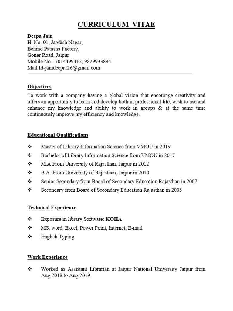 Curriculum Vitae: Deepa Jain | PDF