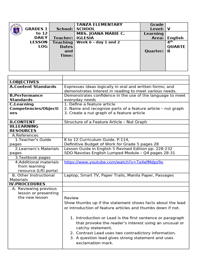 DLP-Q4-DAY26-27-Structure of Feature Article - Part 2-NutGraph | PDF ...
